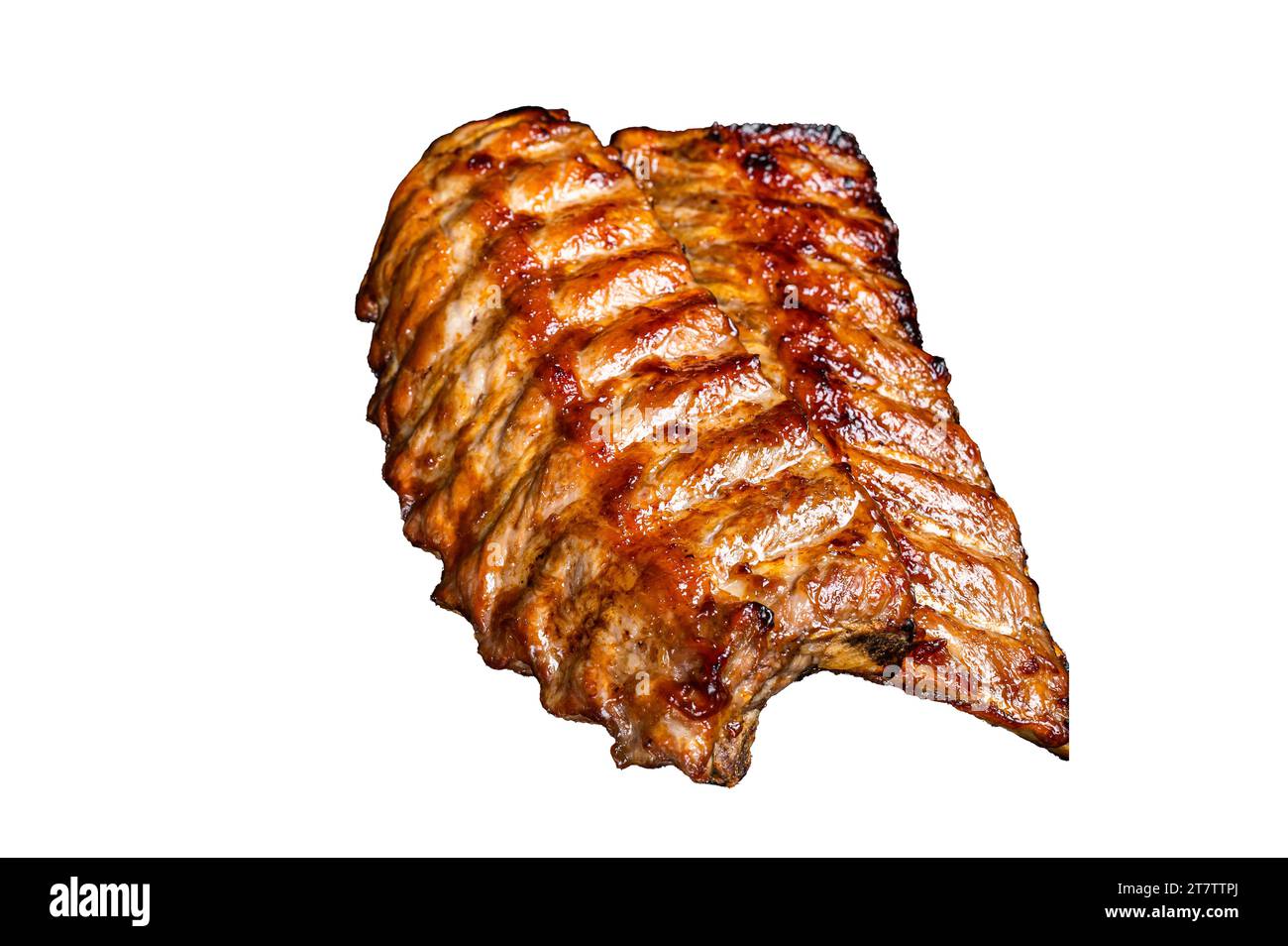 BBQ grilled pork spare ribs on a rack. Isolated, white background Stock ...