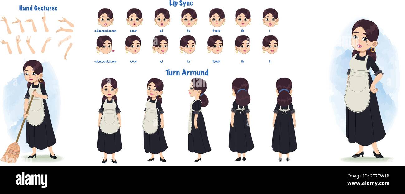 A cute girl model sheet. Child creation set. Girl turnaround sheet, hand gestures, lip sync ...