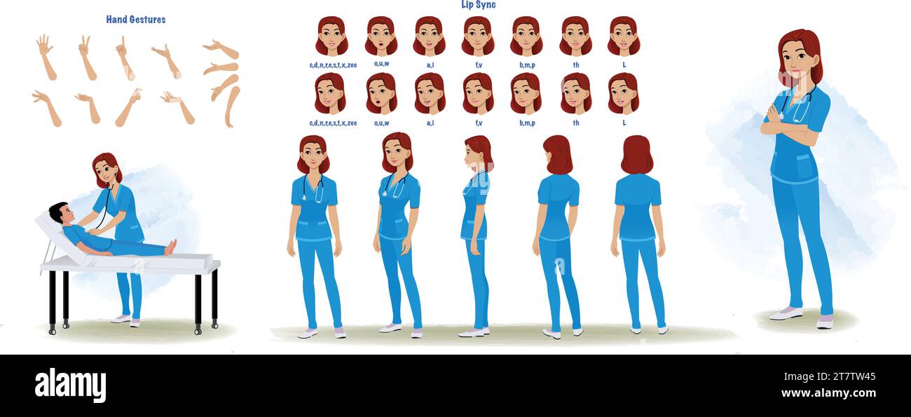 A nurse model sheet. Nurse turnaround sheet, hand gestures, lip sync ...