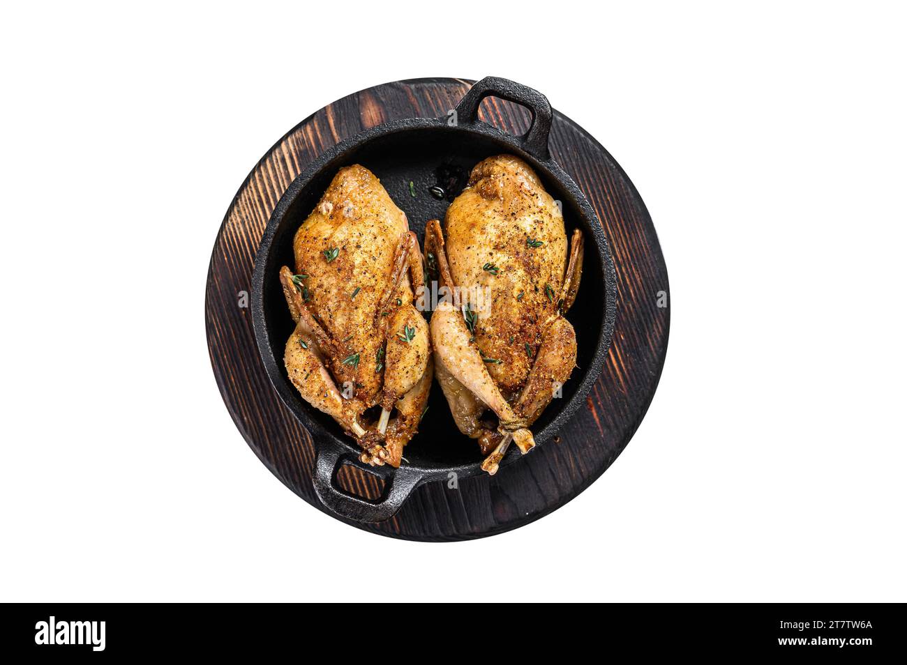 Whole roast quails in a pan. Isolated, white background Stock Photo - Alamy