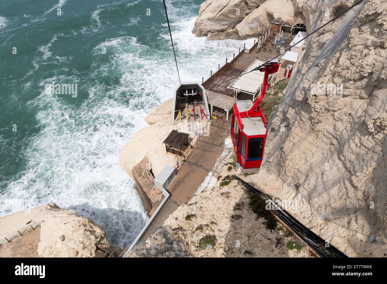 The cable car at Rosh HaNikra grottoes along the Mediterranean coast in ...