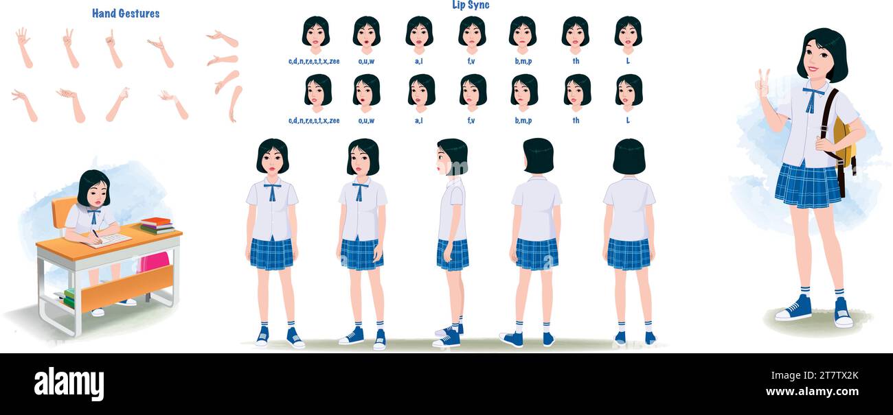 A teenager student character model sheet. School girl creation set ... A teenager student character model sheet. School girl creation set ...