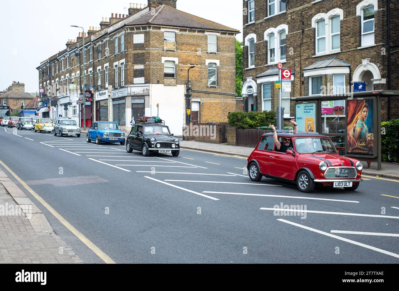 A convoy of Mini cars participating in the annual 2019 London to ...