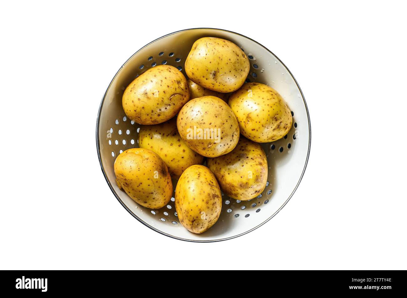 Raw washed potatoes in a colander. Isolate, white background Stock ...