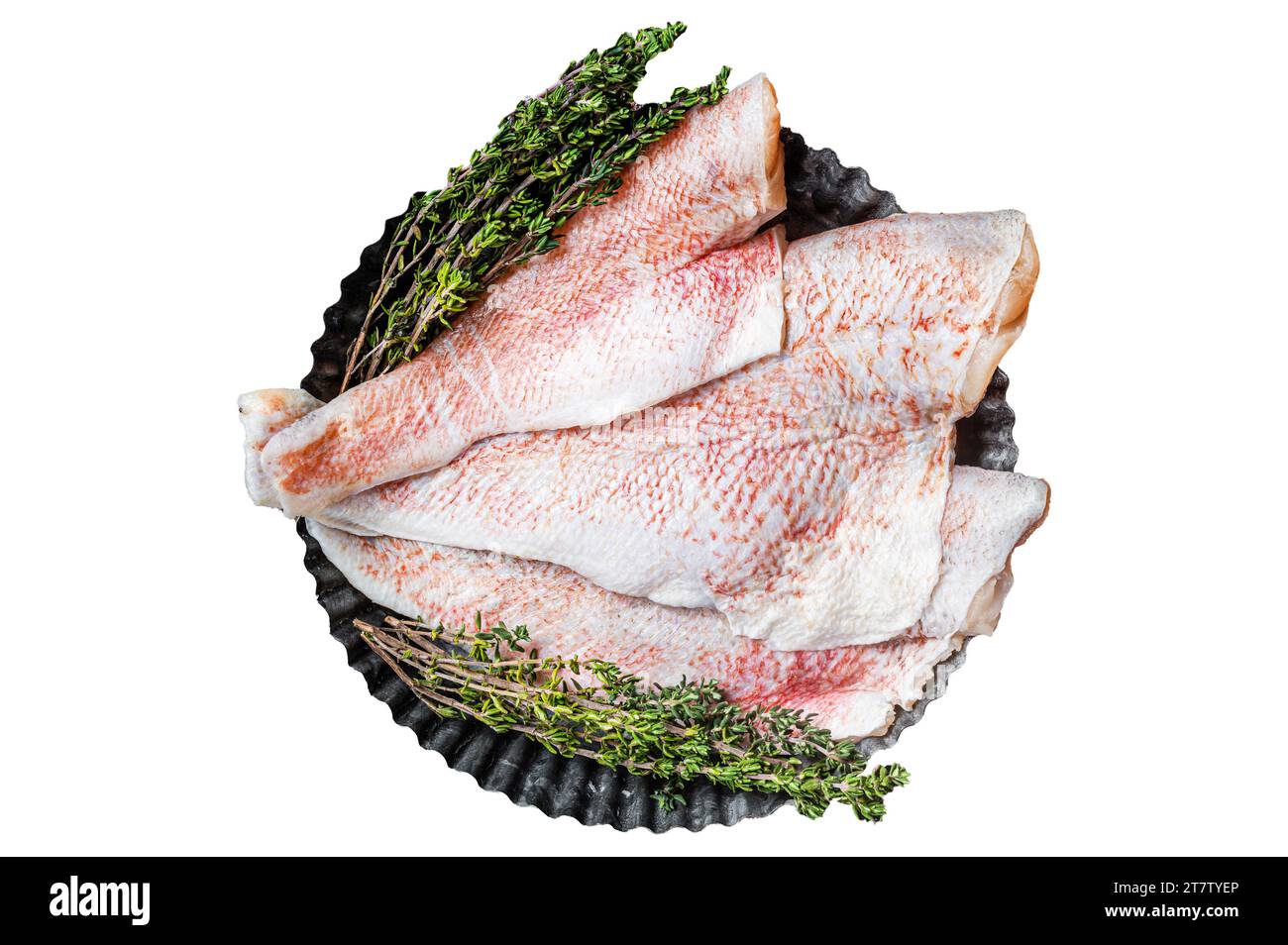 Raw ocean red perch fillet, Snapper fish with herbs. Isolated, white ...