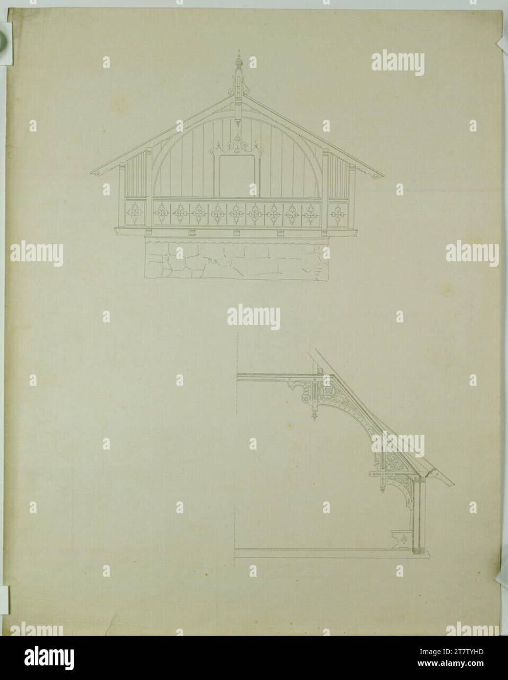 Carl von Hasenauer Wooden music pavilion and hall with a hammer beam ...
