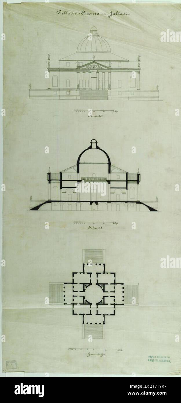 Carl von Hasenauer Vicenza, Villa Rotonda, floor plan, open and cut ...