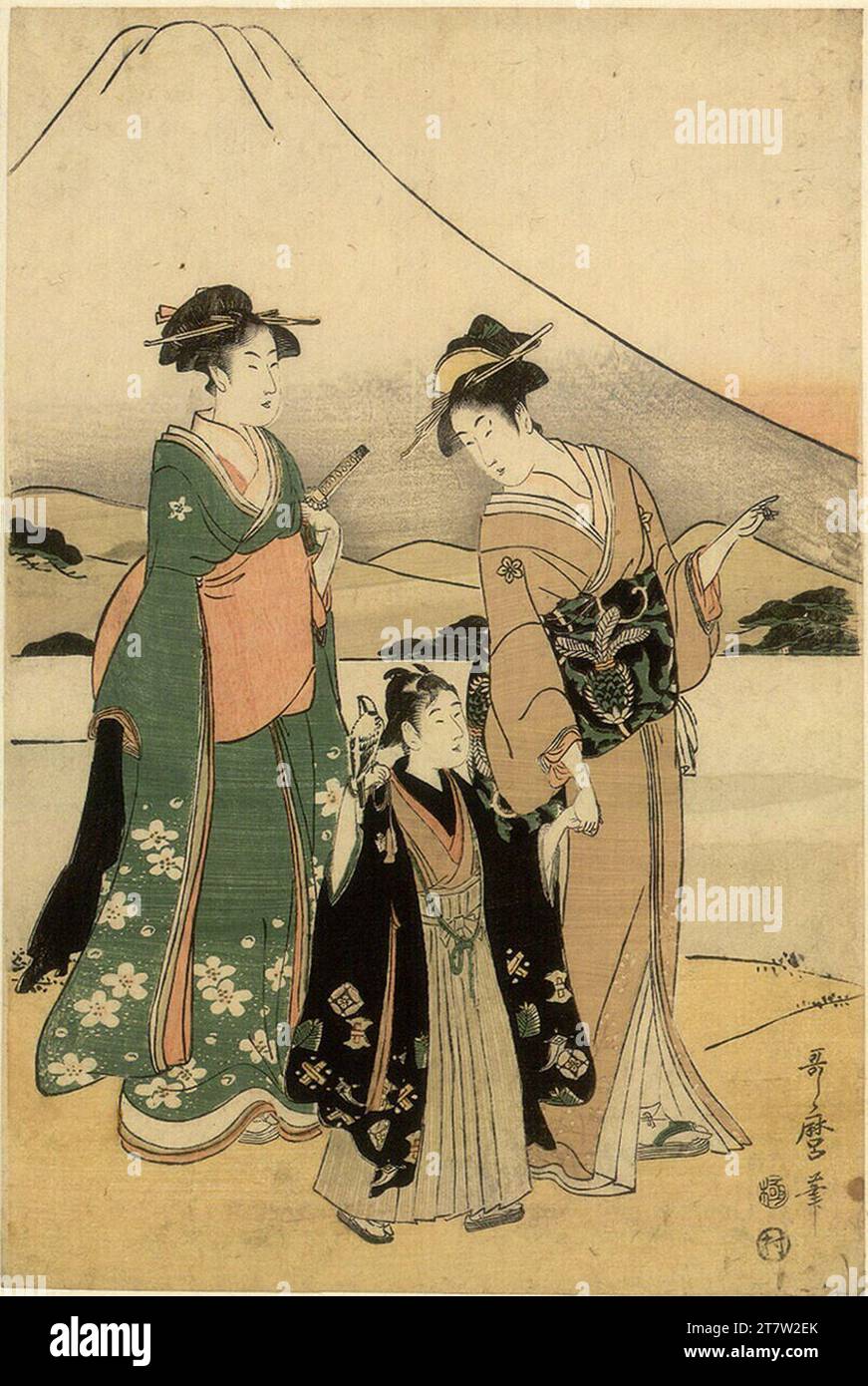 Kitagawa Utamaro Home from the falcon hunt (part of a triptych ...