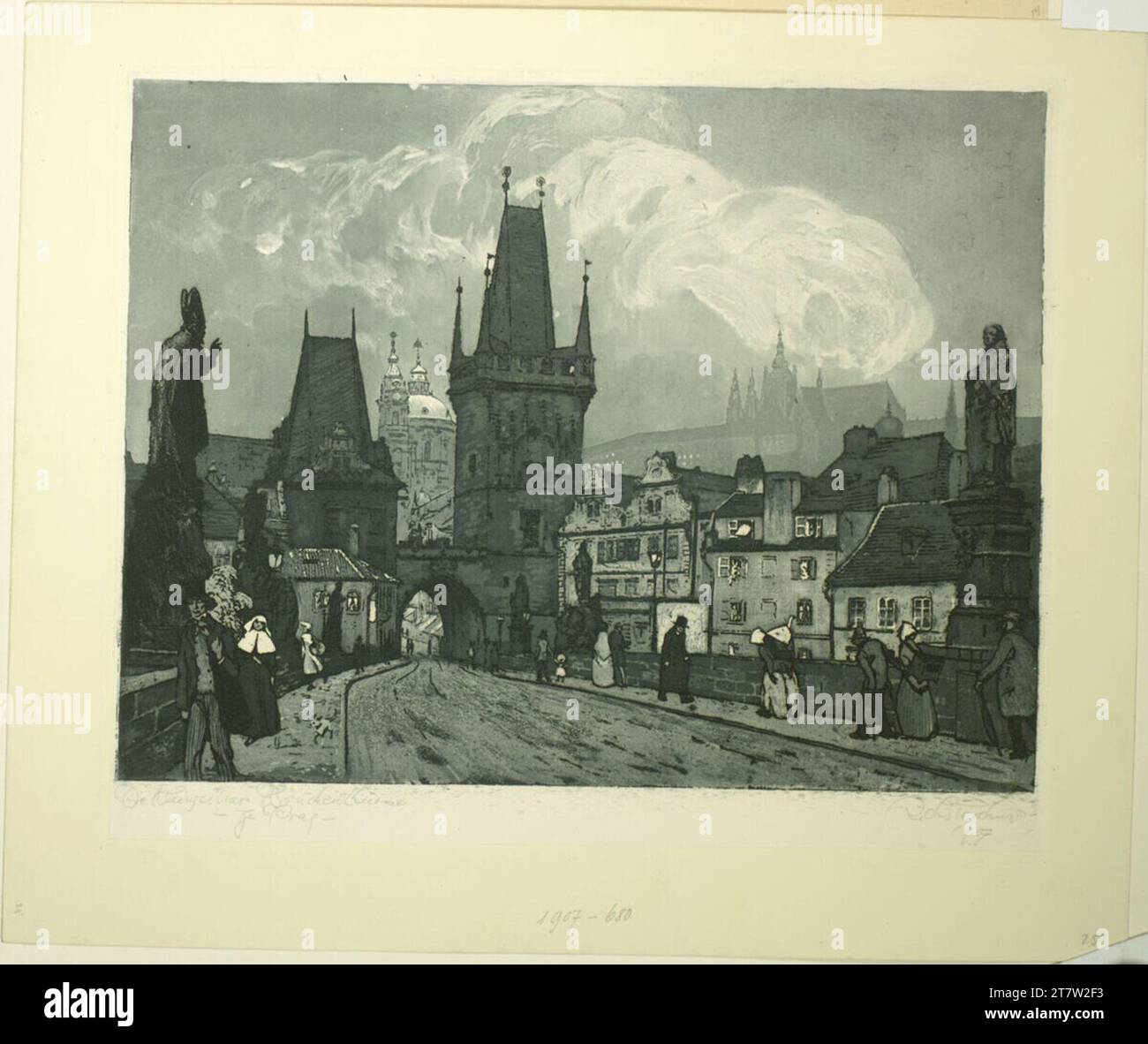 Richard Teschner The Kleinseitner bridge towers to Prague. Etching in ...