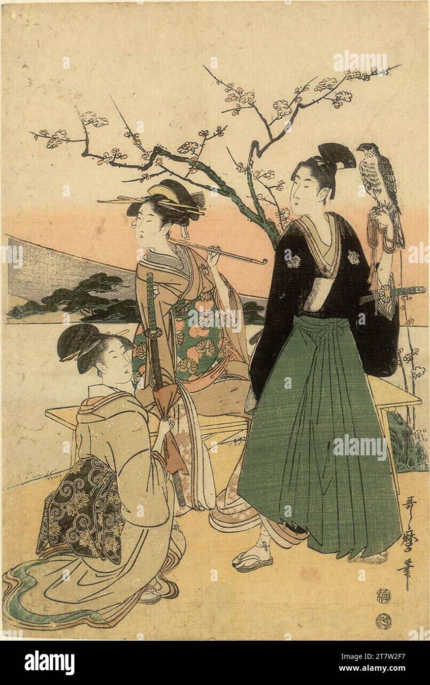 Kitagawa Utamaro Falcon hunting (part of a triptych). Colored woodcut ...