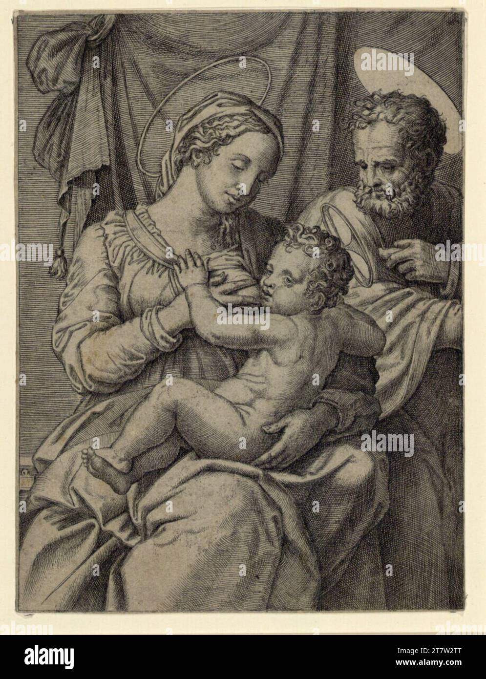 Marcantonio Raimondi The holy family. Copper engraving print around ...