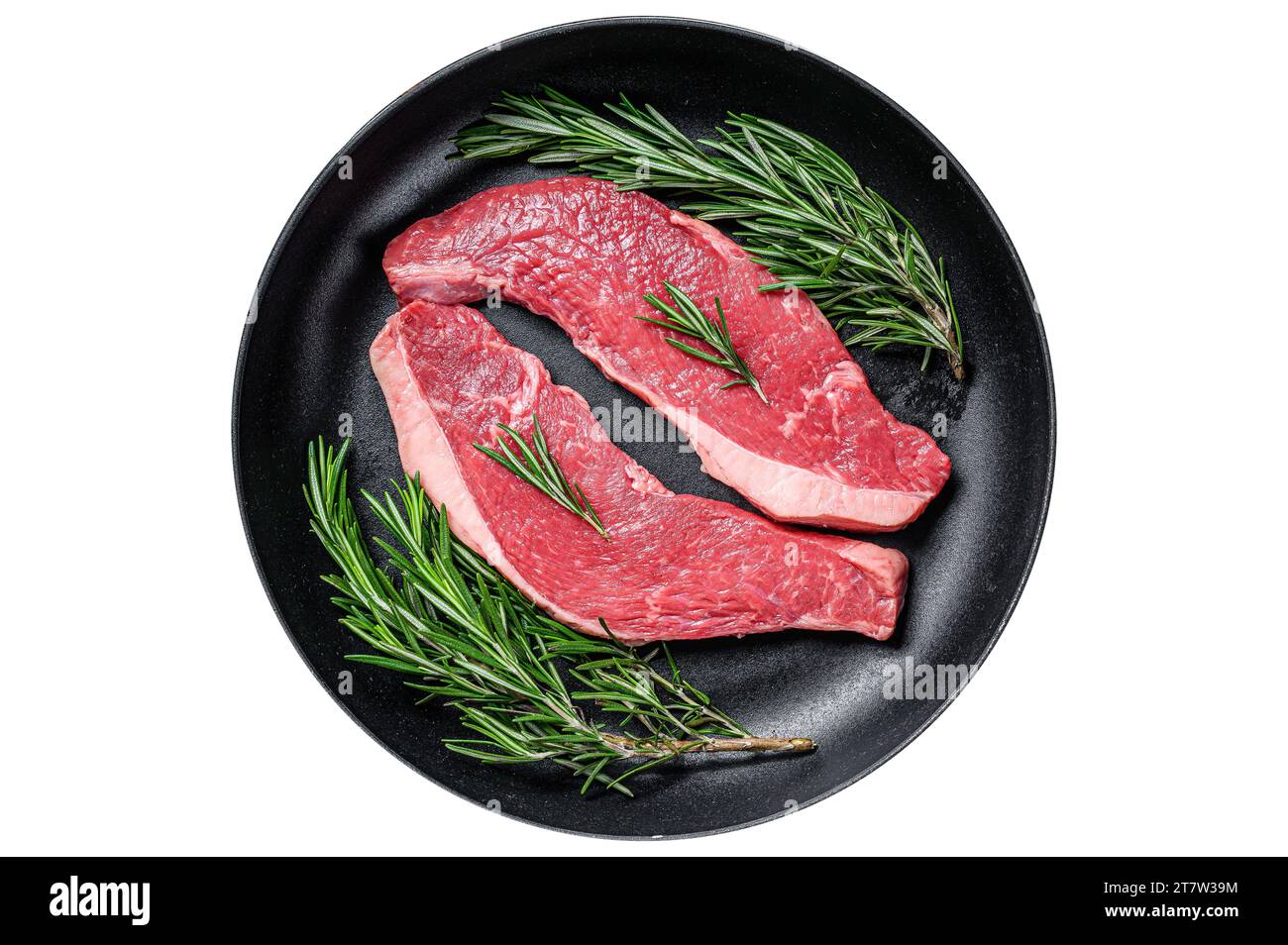 Raw beef meat rump steak in a pan. Isolated, white background Stock ...
