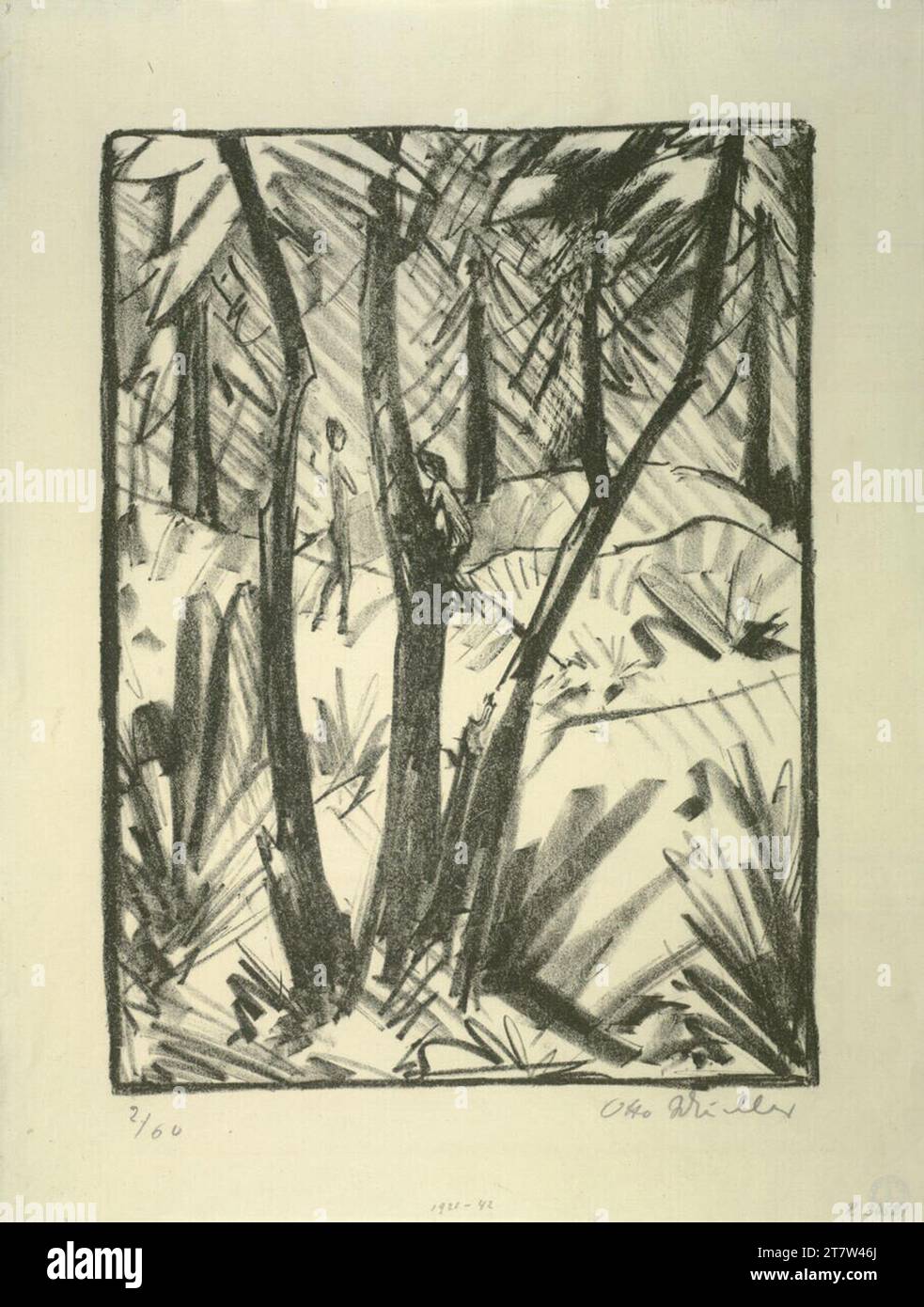 Otto Mueller Forest landscape with small figures II. Lithography around ...