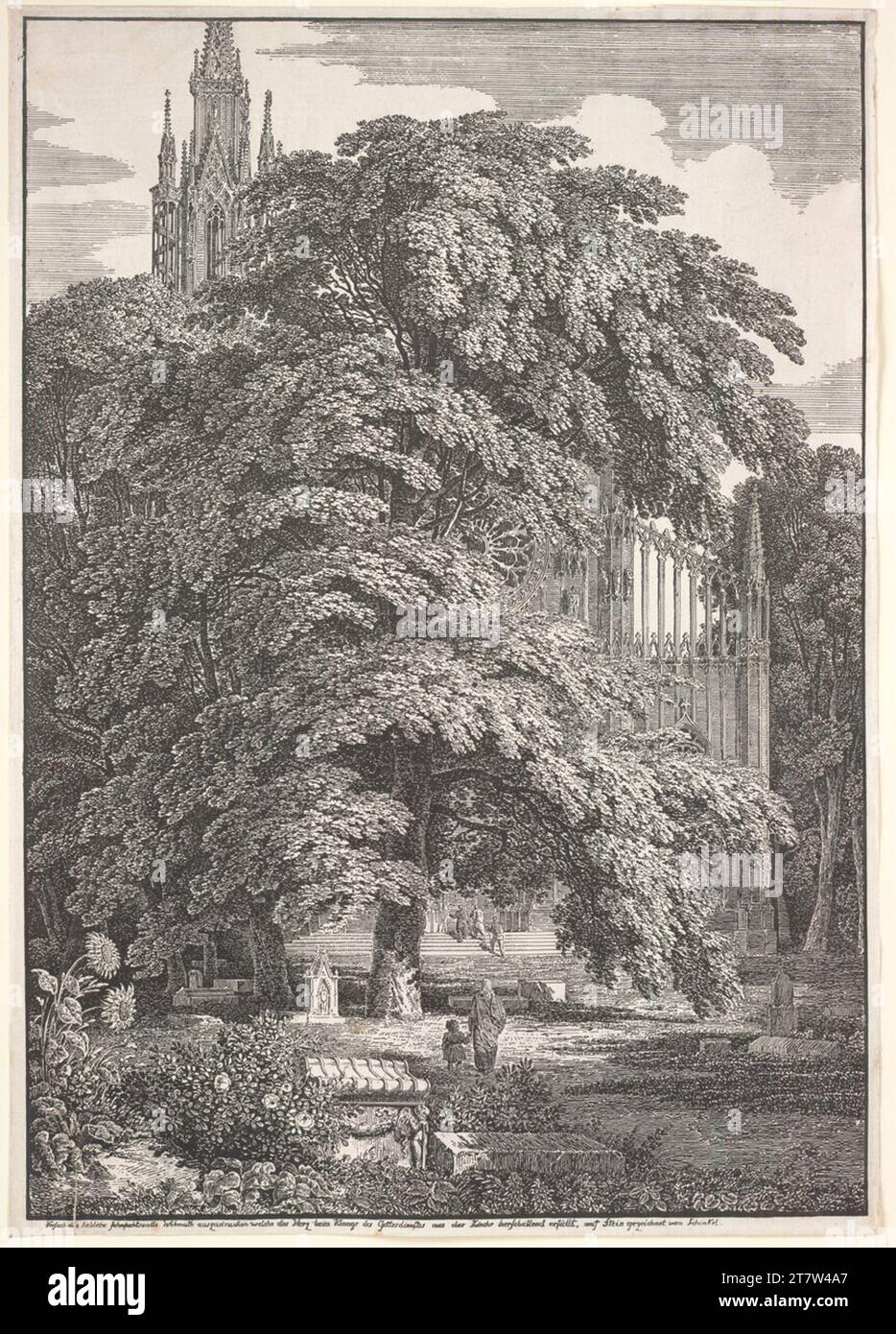 Anonym Gothic church behind trees. Lithography 1810 (afterdruck 1862 ...