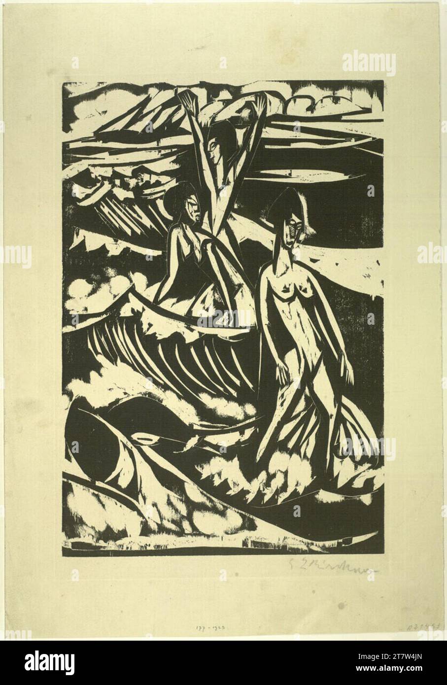 Ernst Ludwig Kirchner Three bathers in the waves. Woodcut on handles ...