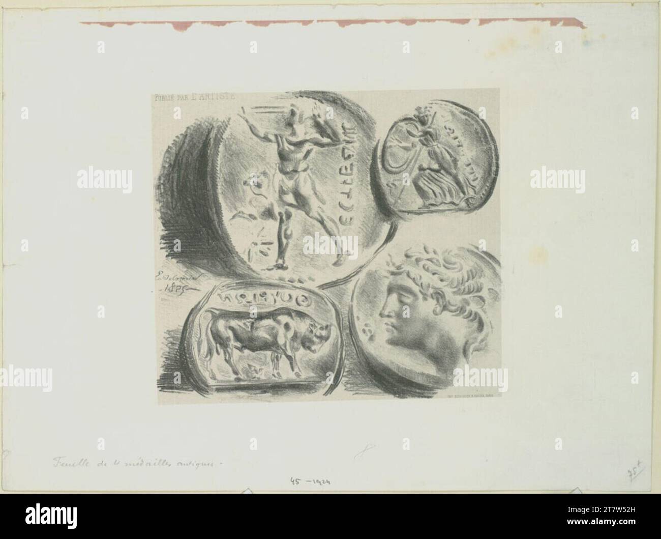 Eugène Delacroix Leaf of four ancient medals. Lithograph; On a rolled ...