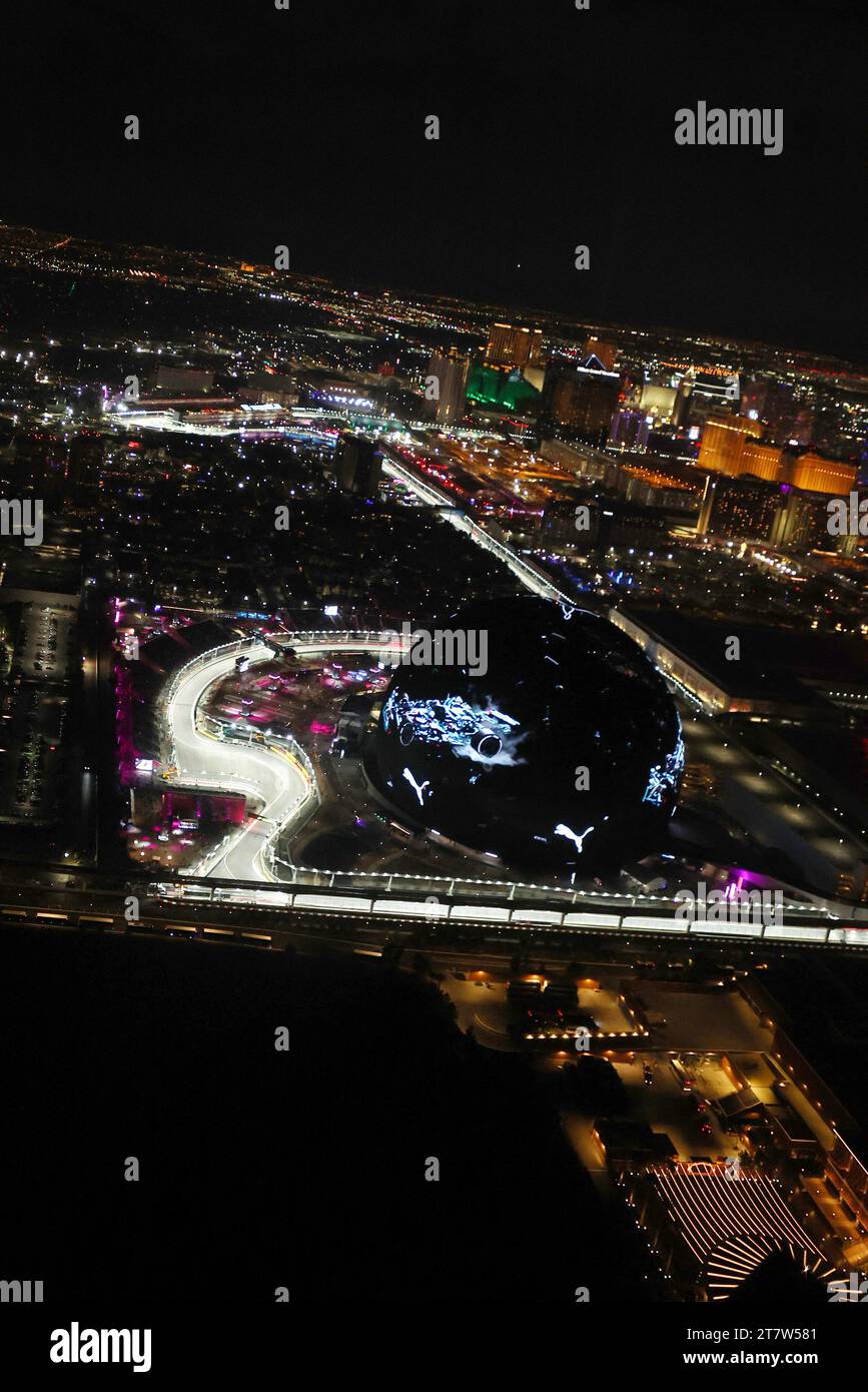 Las Vegas, NV, USA. 16th Nov, 2023. Aerial evening view of the Formula ...