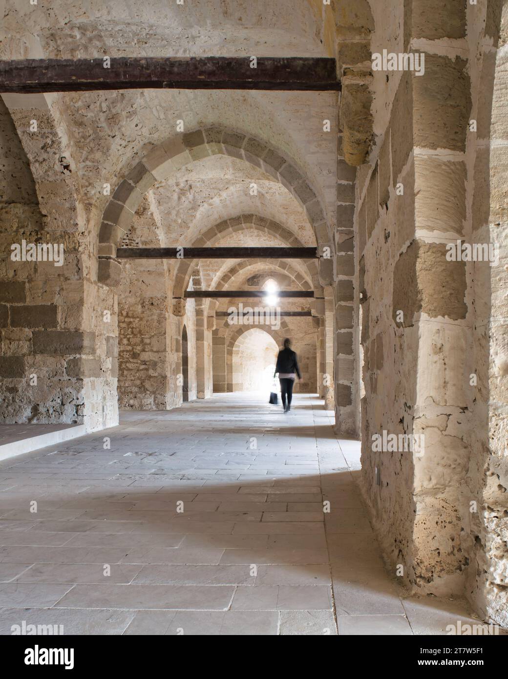 Ancient stone hallway in the Citadel of Qaitbay, Alexandria, Egypt. The ...