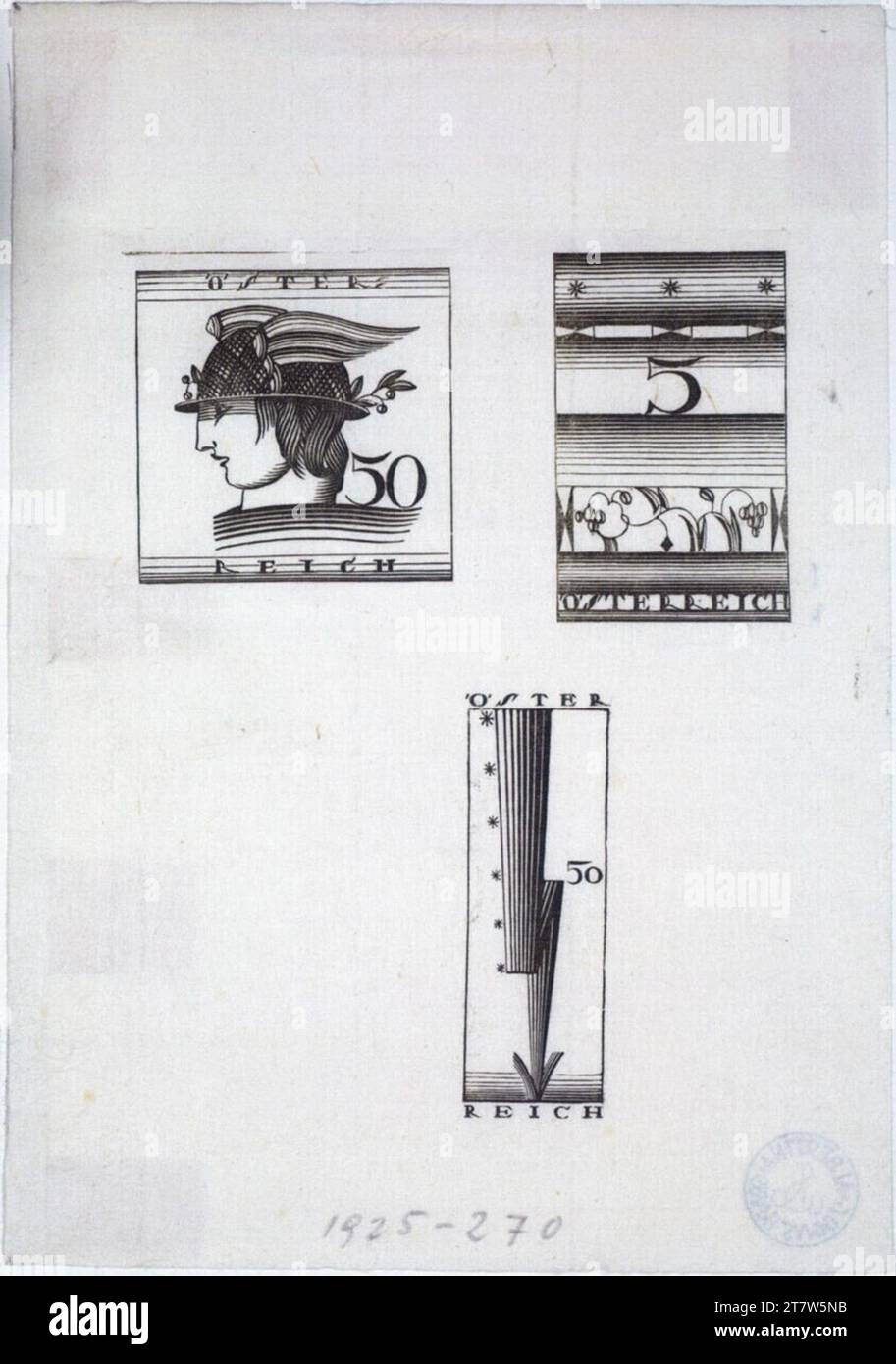 Dagobert Peche Stamp designs: 50-heller mark (top left), 5-heller mark ...