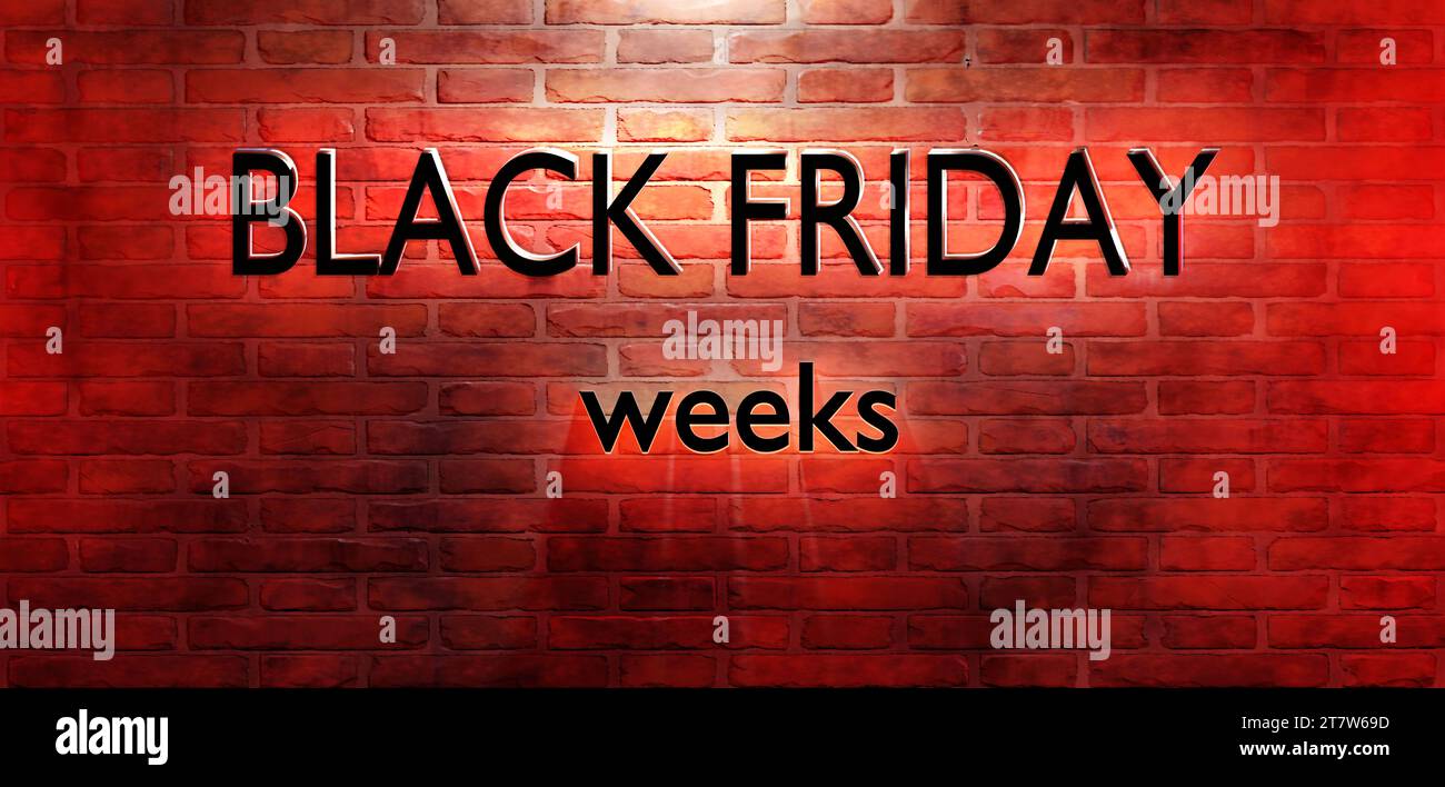 Black Friday weeks neon text on brick wall background. Abstract web ...