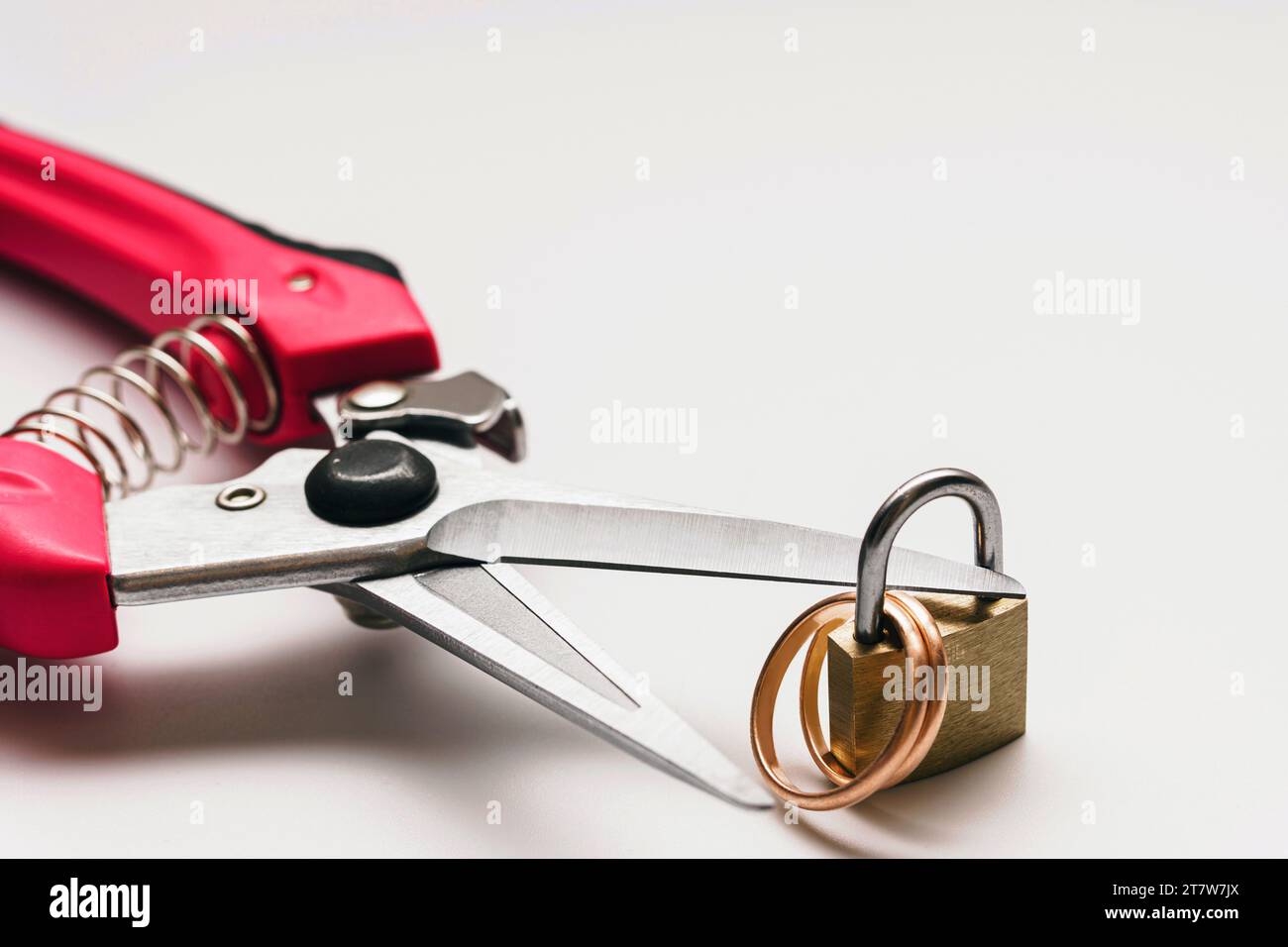A macro photo of two golden rings locked on a padlock, while red handle ...
