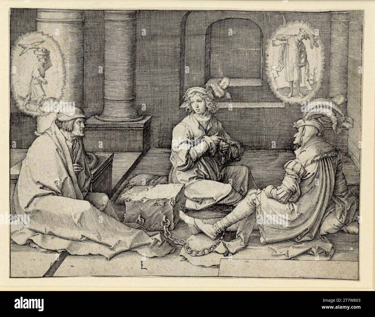 Lucas Hugensz. van Leyden Joseph interprets the dreams in prison. Copper engraving print 1512 ...