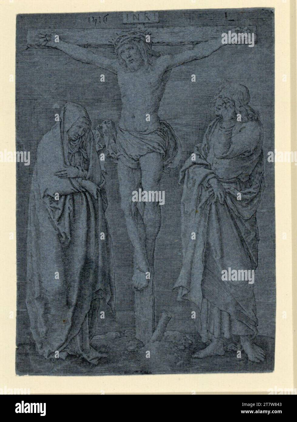 Lucas Hugensz. van Leyden Crucifixion. Copper engraving on blue primed ...
