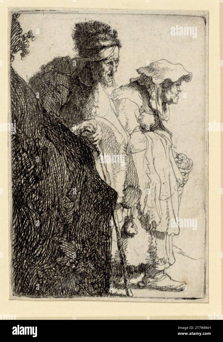 Rembrandt Harmensz. van Rijn Bedding and beggar behind a mound. Etching ...