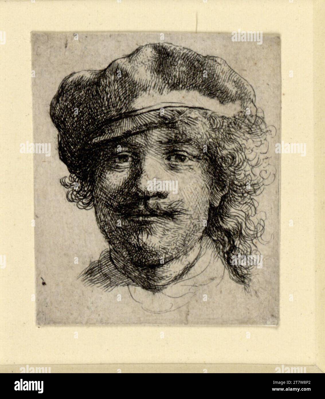 Rembrandt Harmensz. van Rijn Self -portrait, from the front with beret. Etching, retouched with ...