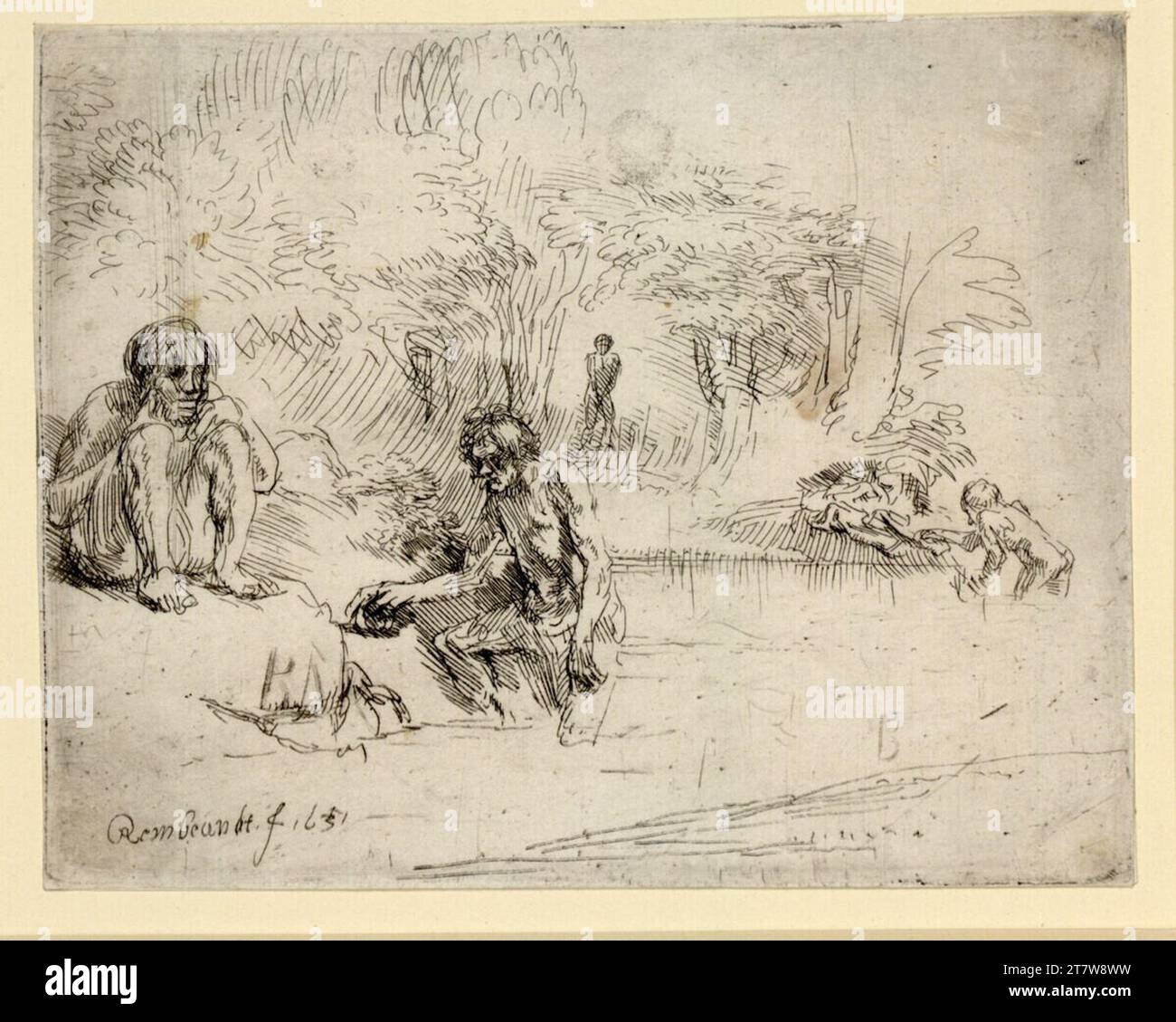 Rembrandt Harmensz. van Rijn The bathing men. etching 1651 , 1651 Stock ...