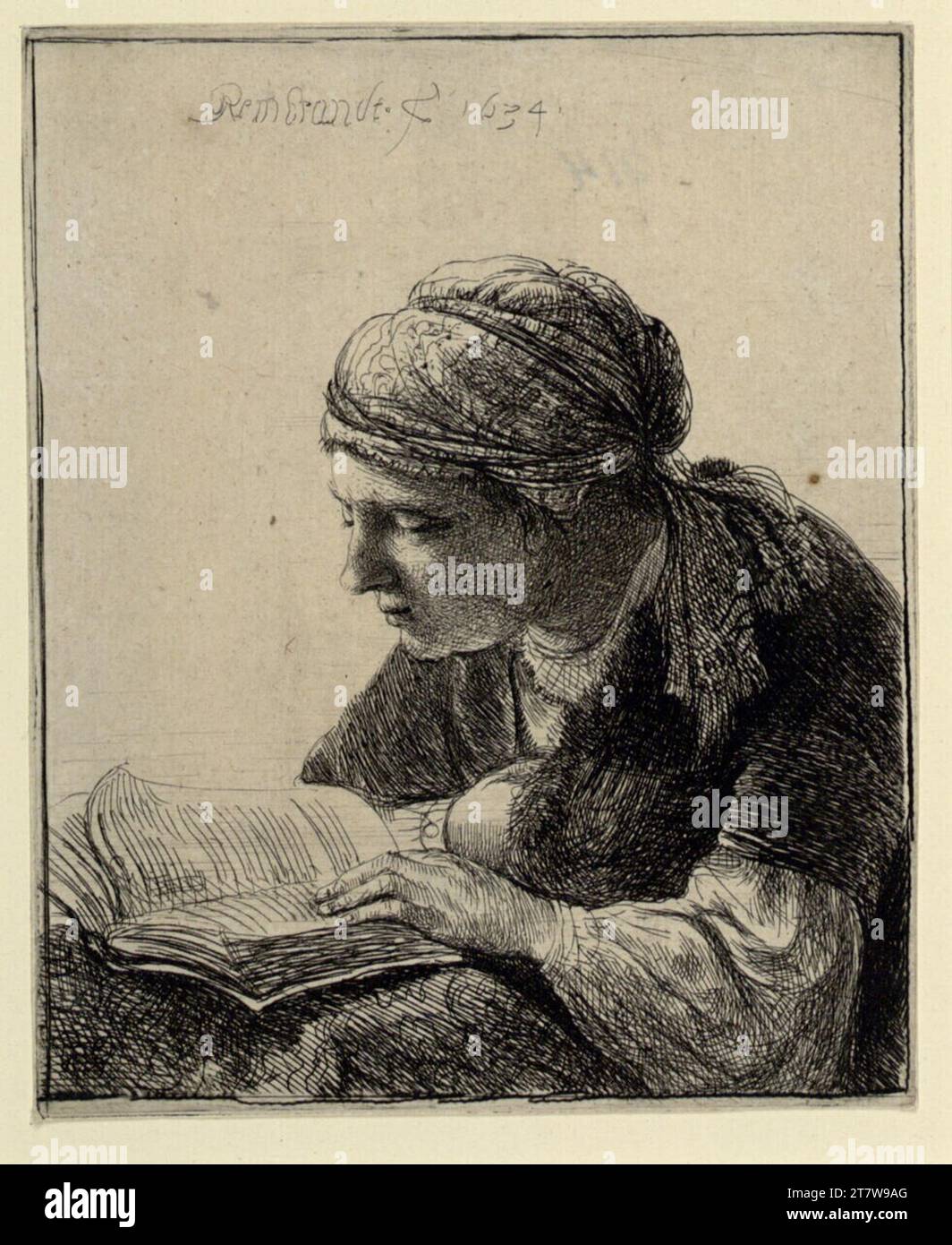 Rembrandt Harmensz. van Rijn The reader. etching 1634 , 1634 Stock ...