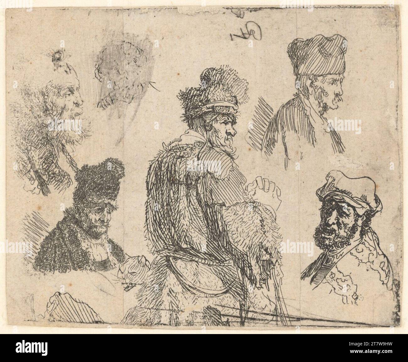 Rembrandt Harmensz. van Rijn Study sheet with men's heads and a half ...
