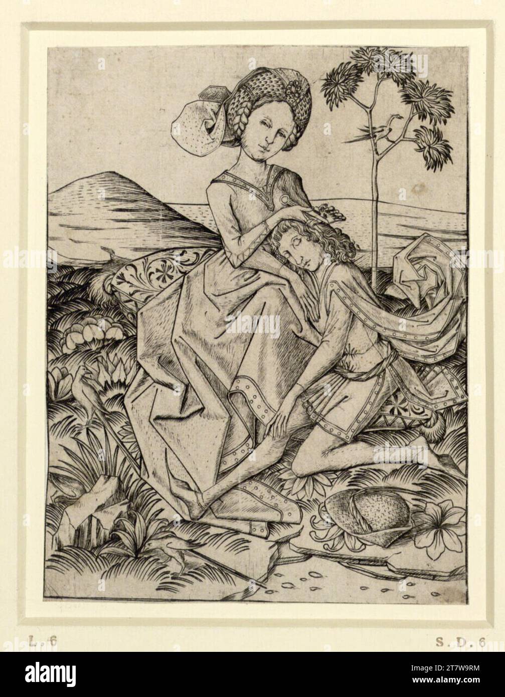 Meister E.S. Samson and Delila. Copper engraving print zweites Drittel ...