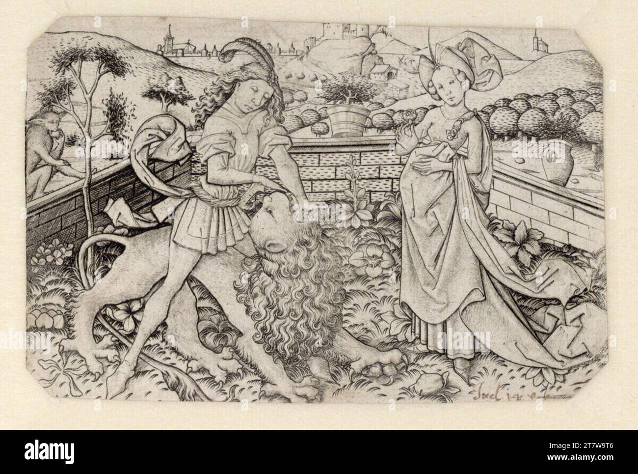 Meister E.S. Samson tears the lion. Copper engraving print zweites ...
