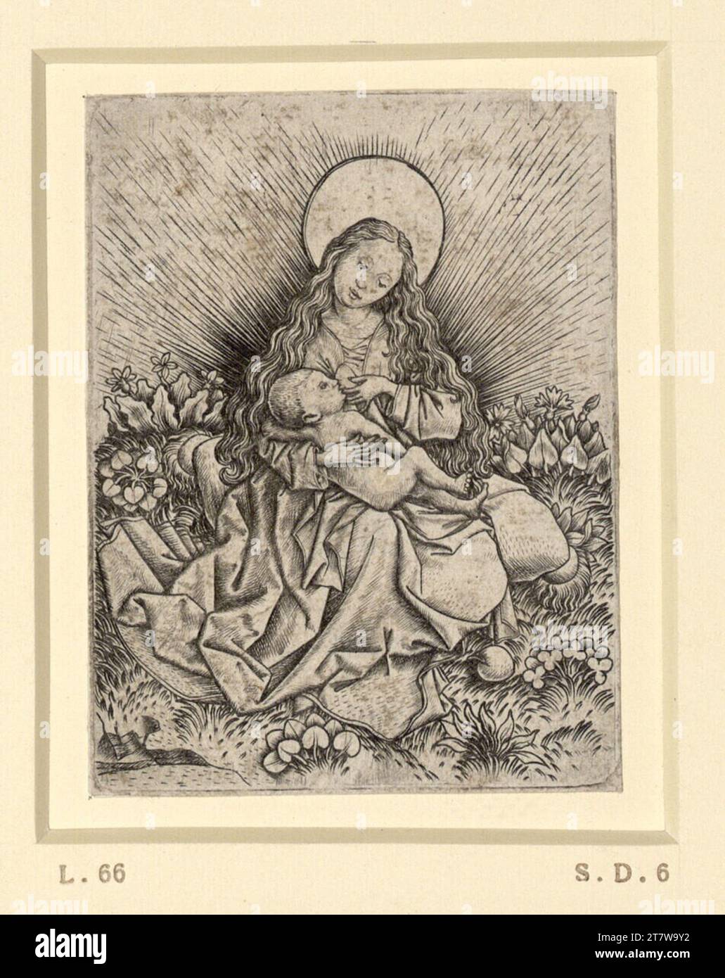 Meister E.S. Maria, the child breastfeeding. Copper engraving print ...