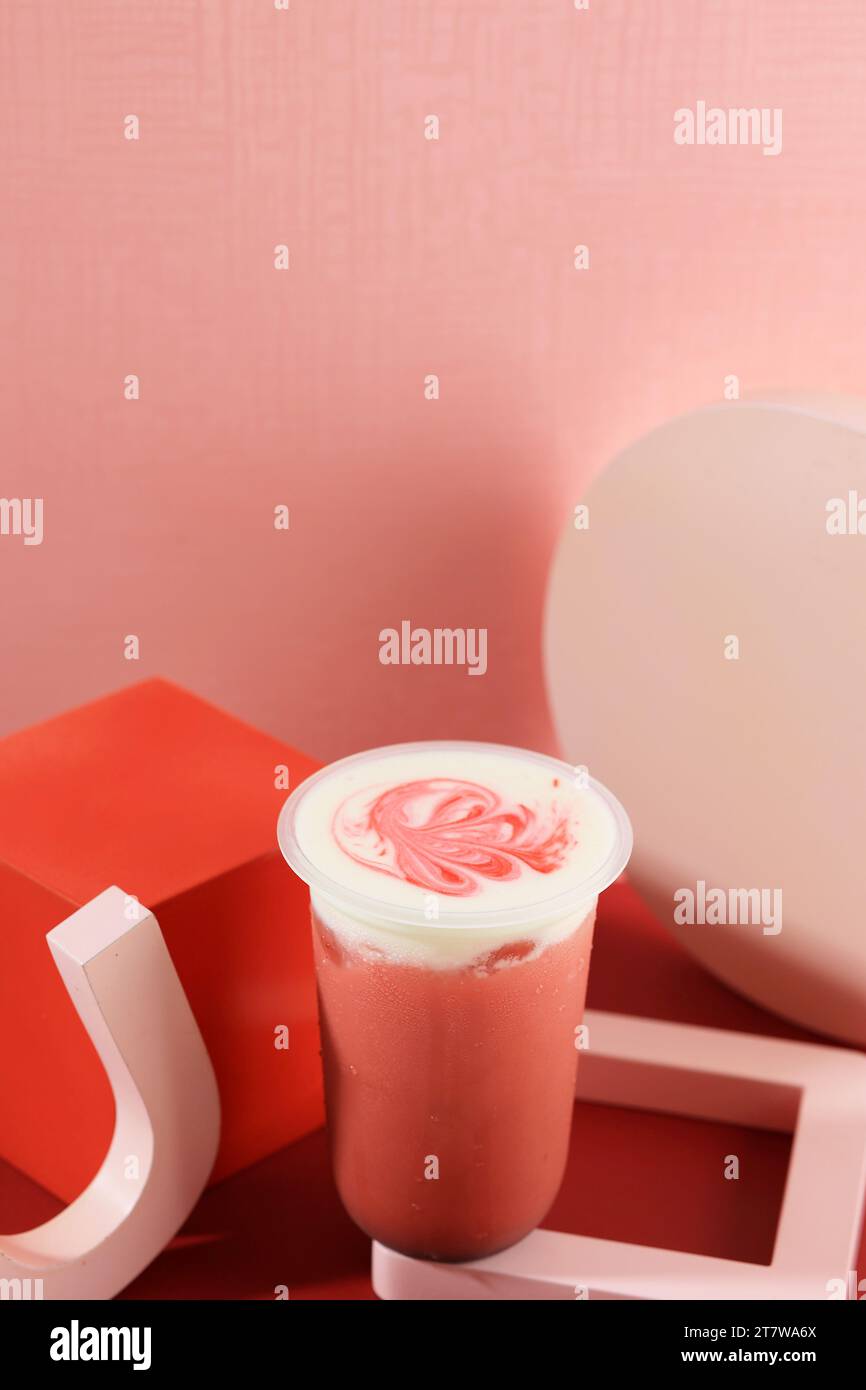 Ice Red Velvet Creamy Drink Latte on Pink and Red Background Stock ...