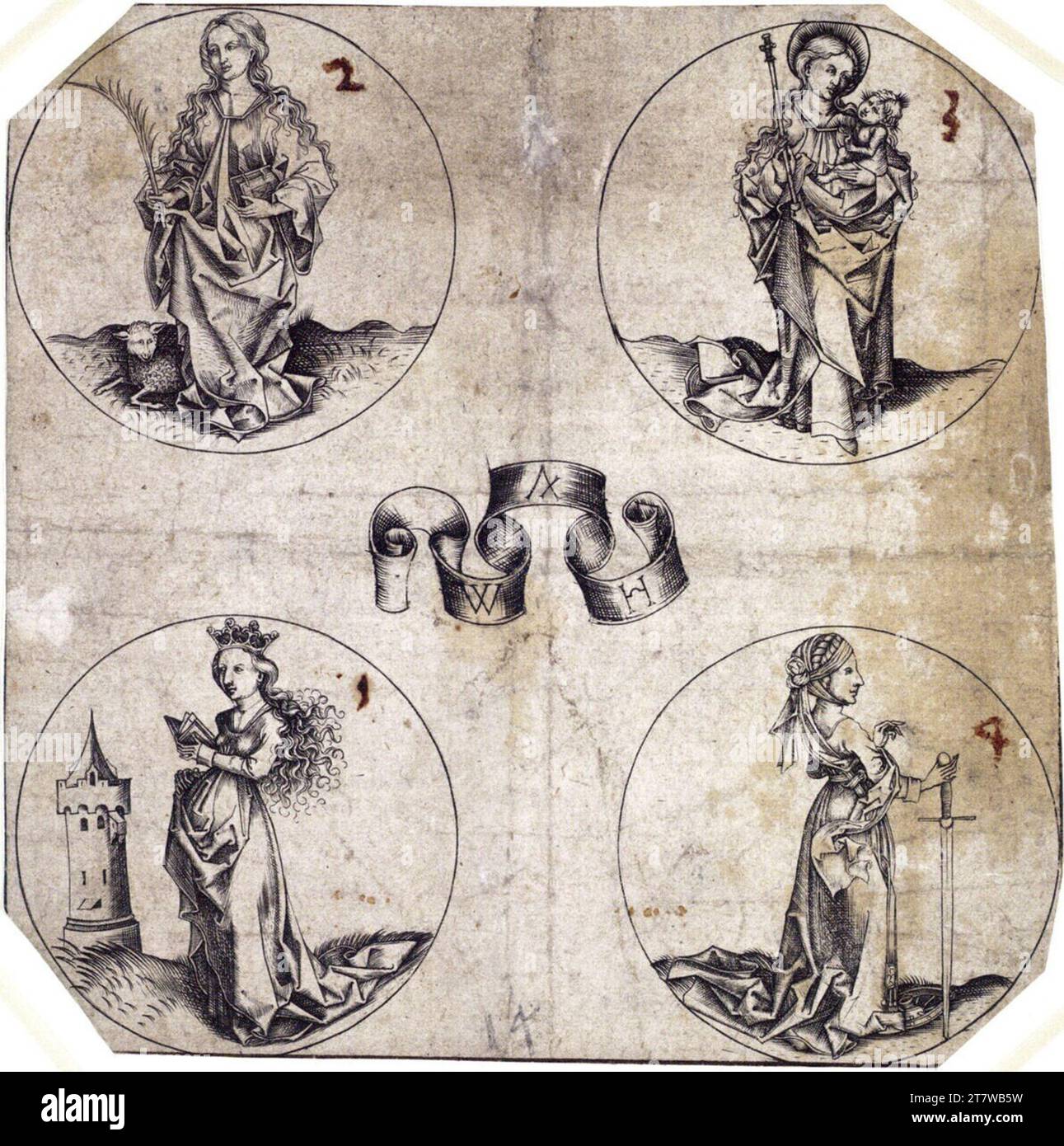 Monogrammist WH Four medallions with the Holy Agnes, Barbara, Katharina ...