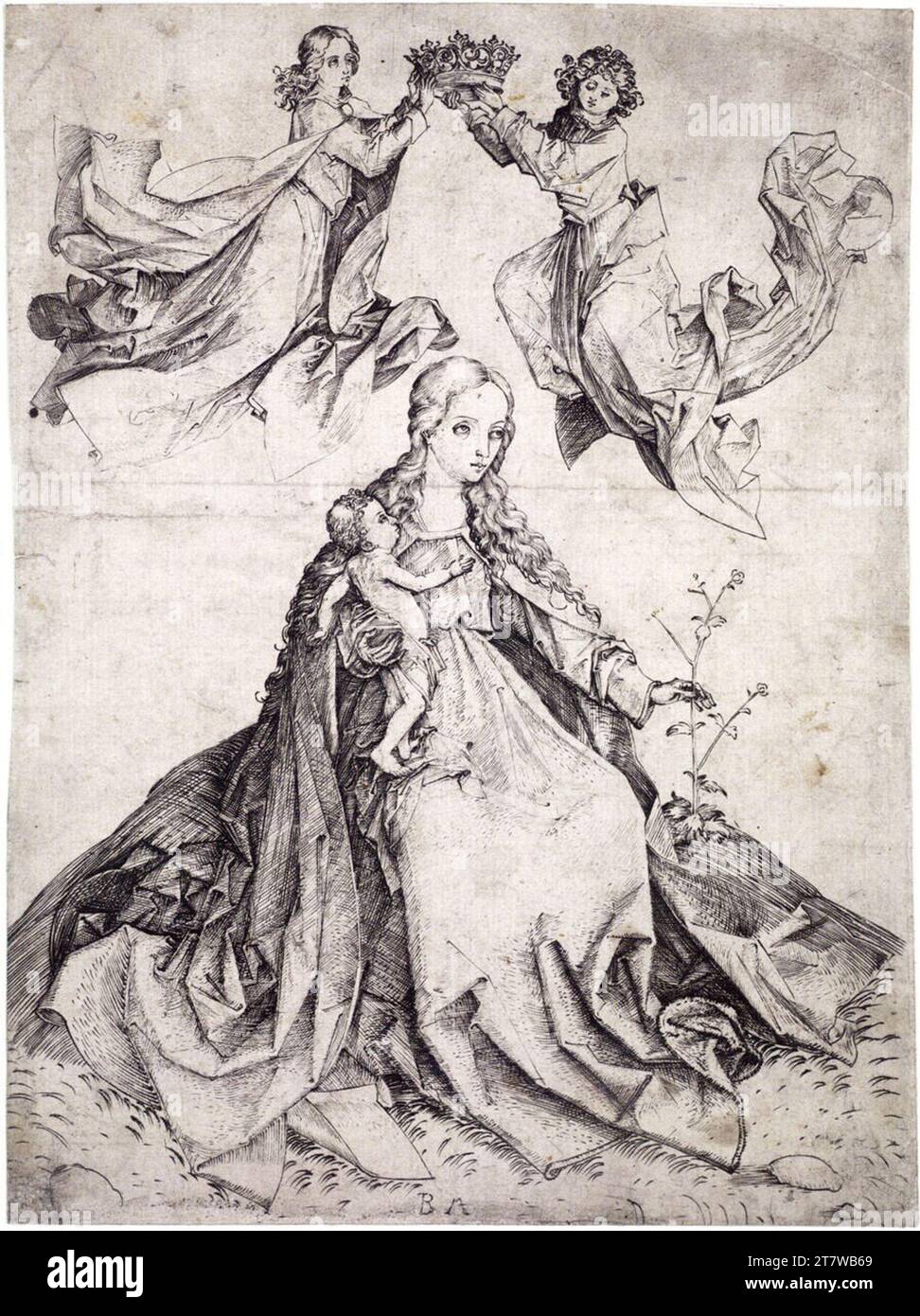 Monogrammist BM The seated Madonna, crowned by two angels. Copper ...