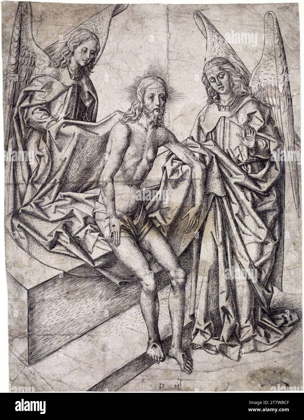 Meister PM The pain man sitting on the grave between two angels. Copper ...