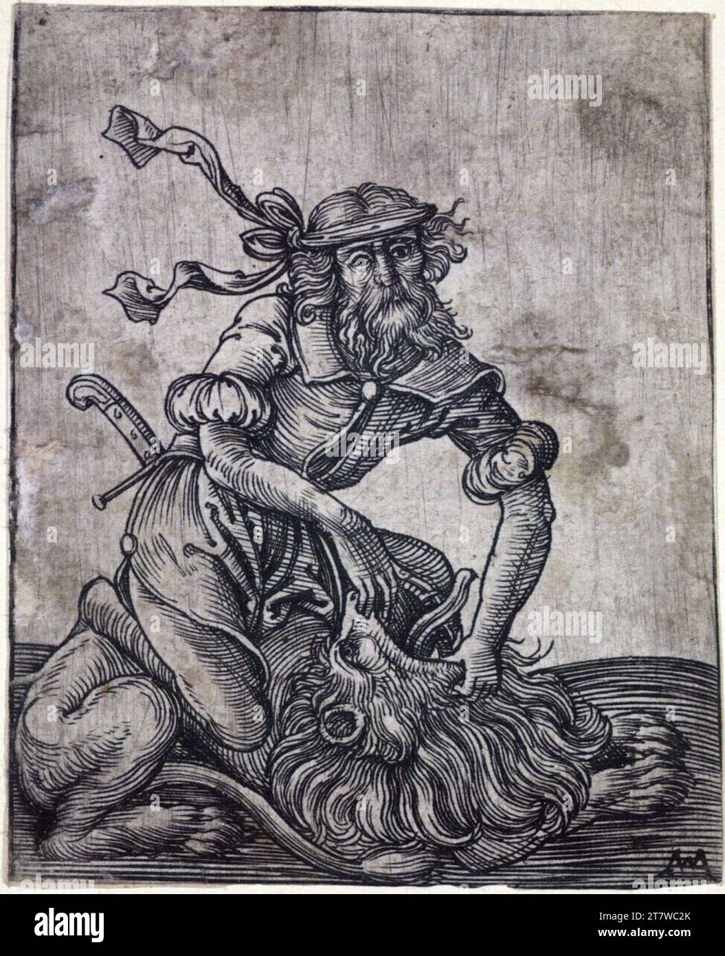 Monogrammist M Samson kills the lion. Copper engraving print Ende 15 ...