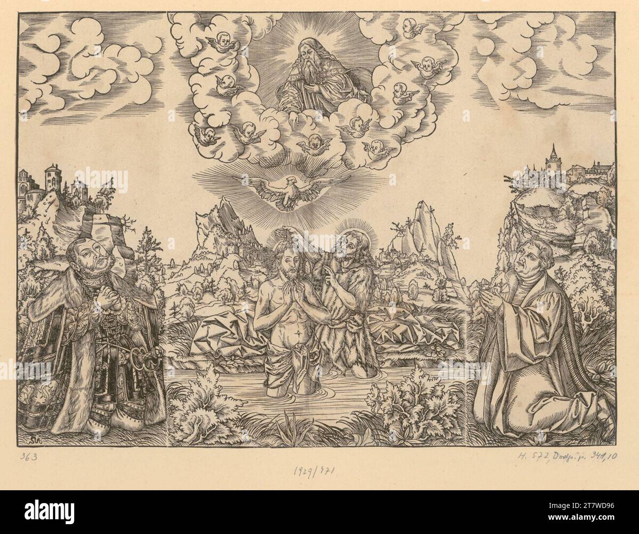 Lucas Cranach d. J. The baptism of Christ. Woodcut of three printed ...