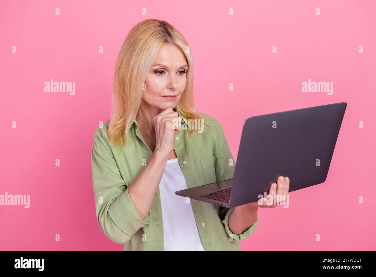 Portrait of smart creative minded person arm touch chin attentive watch ...