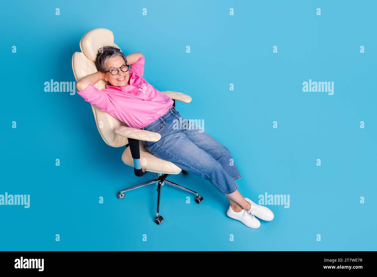 Full size photo of good mood funny woman dressed pink shirt in glasses ...