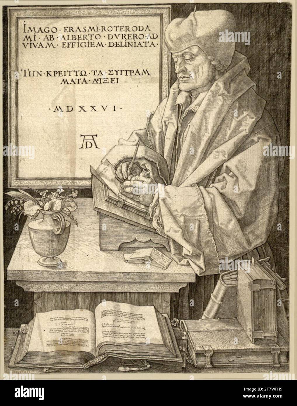 Albrecht Dürer Erasmus of Rotterdam. Copper engraving on Atlas (silk ...