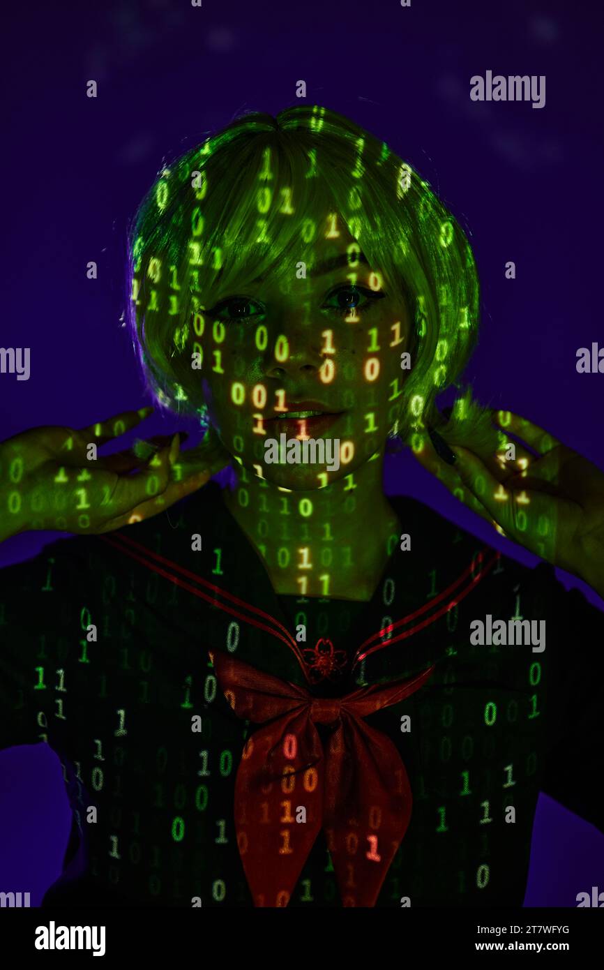 young anime style woman in neon binary code projection on blue backdrop ...