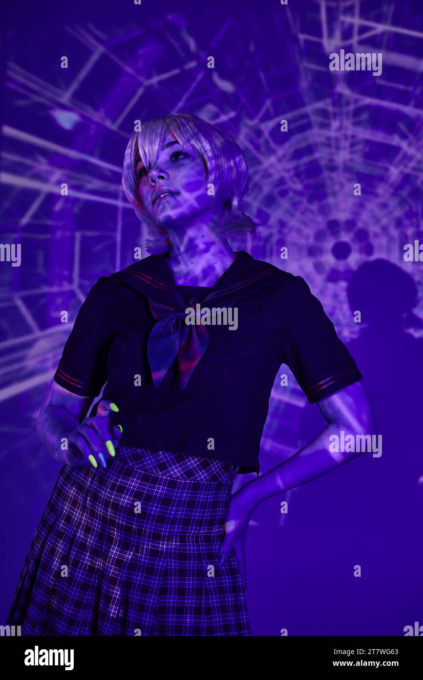 young anime style woman in school uniform posing with hand on hip in ...