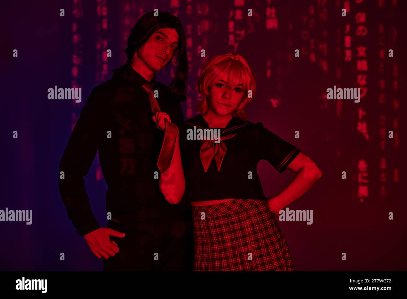 anime woman in students uniform pulling tie of man in red neon light on ...