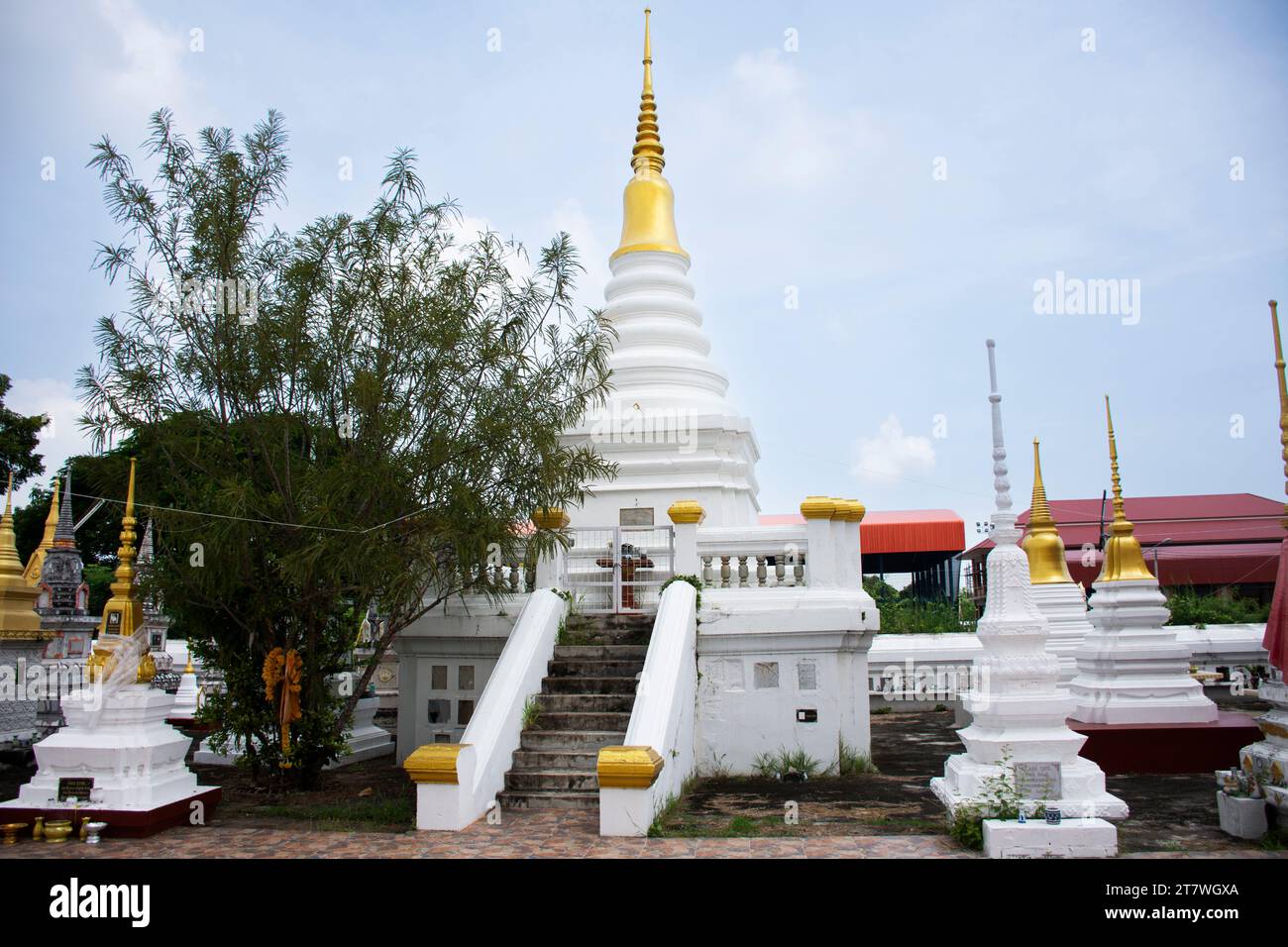 Pagoda stupa or cremation urn chedi ancient thai style in antique cemetery of Wat Pradu Songtham ...