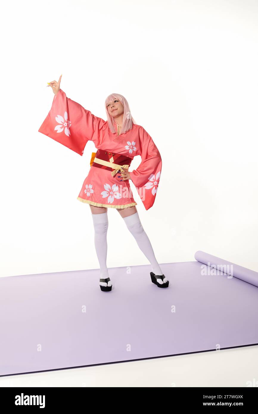 expressive anime style woman in pink kimono with hand on hip pointing ...
