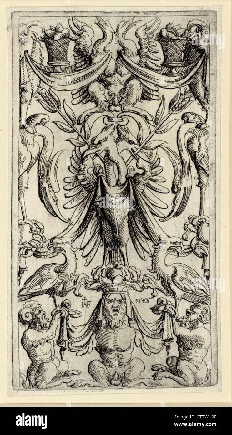Augustin Hirschvogel Ornamental strip with three crouching satyrs below ...